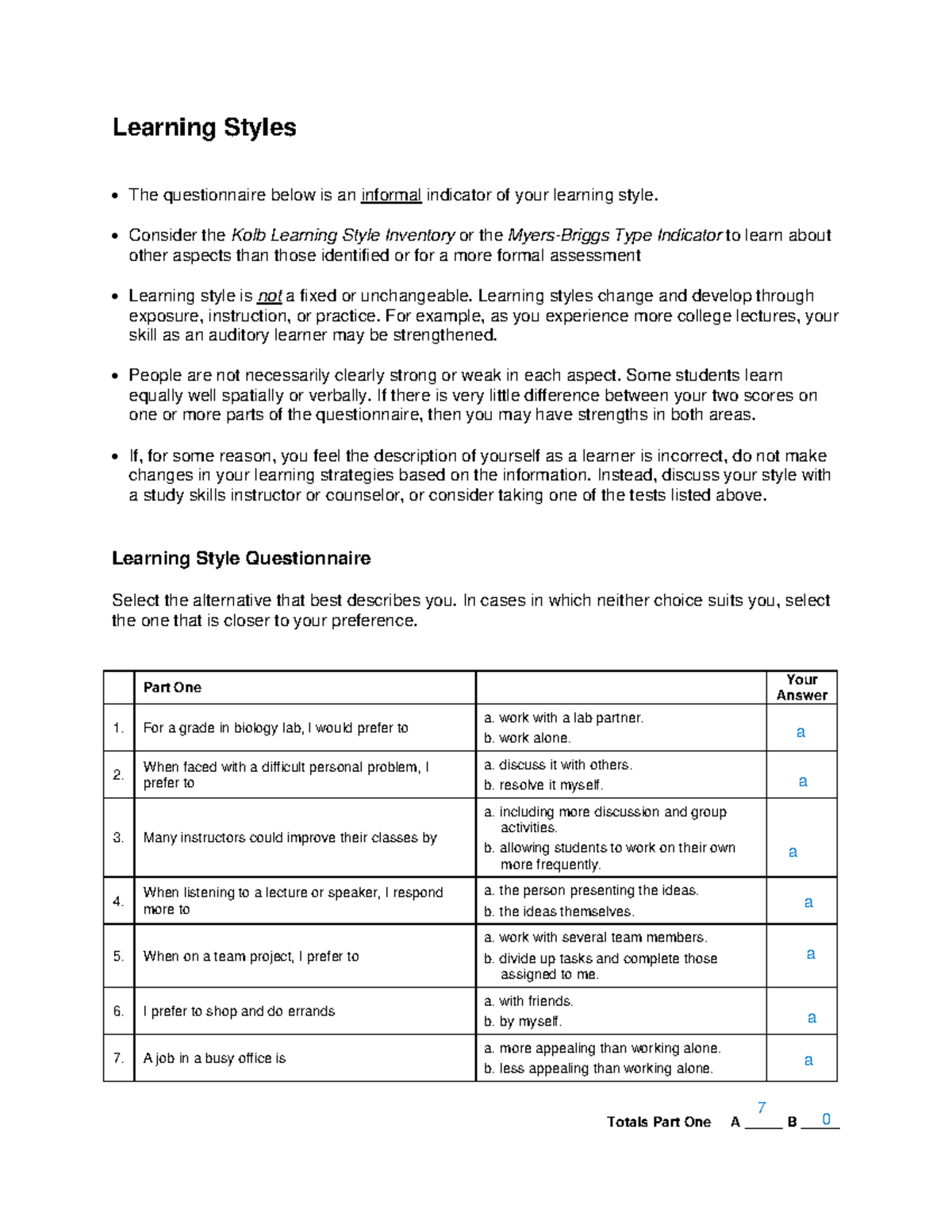 Learning-styles-self-assessment week 1 assign - Learning Styles The ...