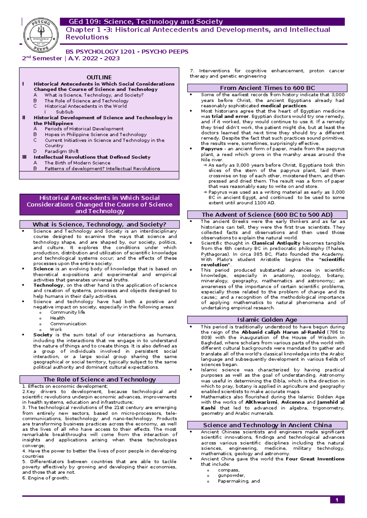 Chapter 1 3 STS - GEd 109: Science, Technology and Society Chapter 1 -3: Historical Antecedents ...