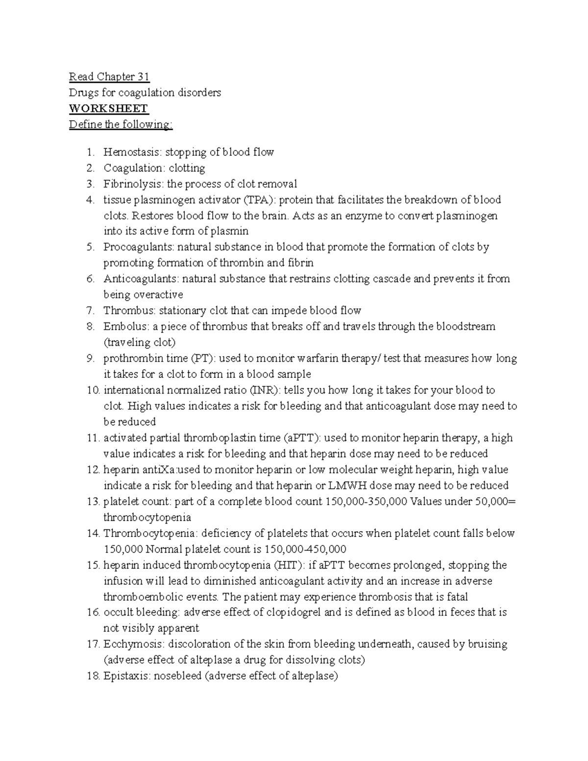 MOD 2 Worksheet - Read Chapter 31 Drugs for coagulation disorders ...