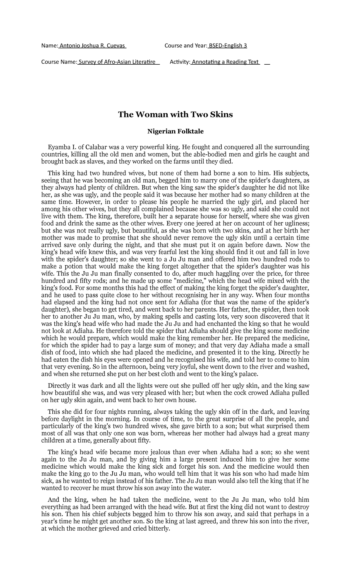 The Woman with Two Skins - Name: Antonio Joshua R. Cuevas Course and ...