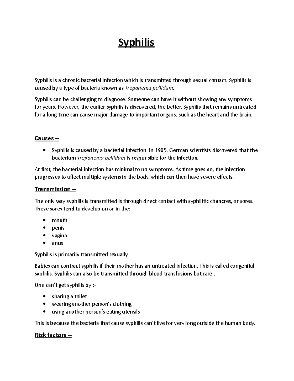 Syphilis lctr 7 lctr 7 - Syphilis Syphilis is a chronic bacterial ...