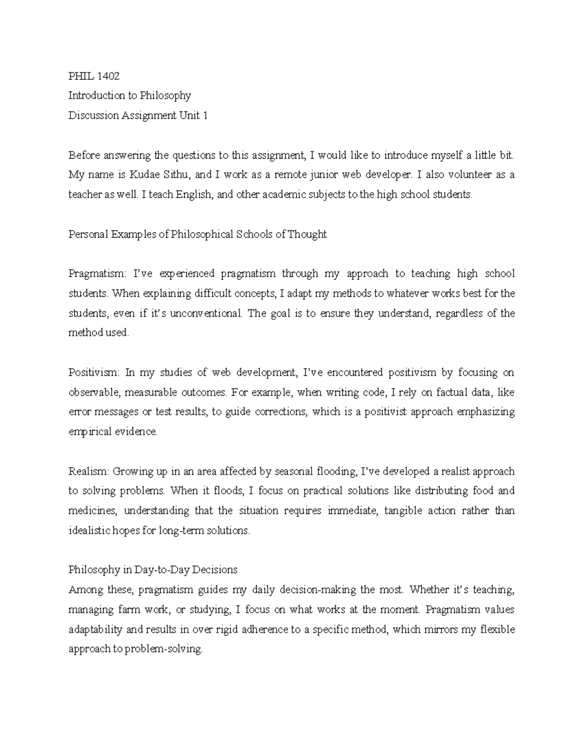 PHIL 1402 Discussion Assignment Unit 1 - PHIL 1402 Introduction to Philosophy Discussion ...