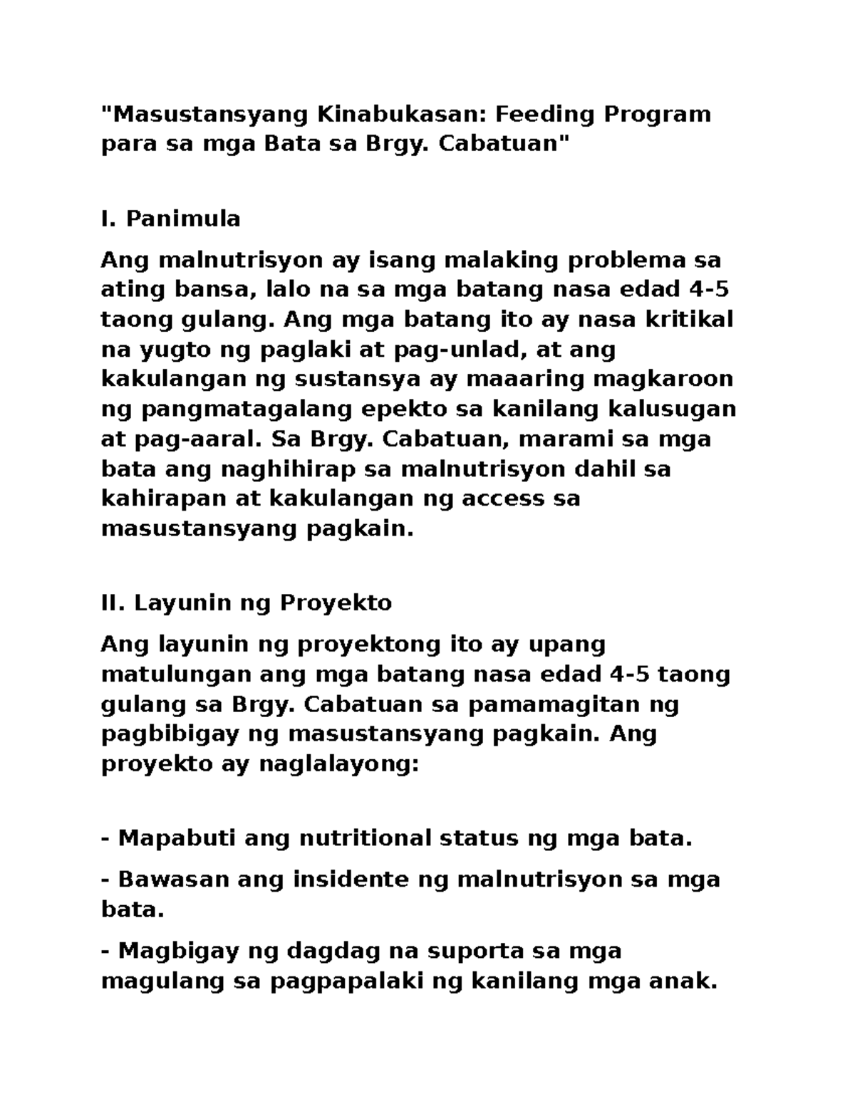 Panukalang proyekto - "Masustansyang Kinabukasan: Feeding Program para ...