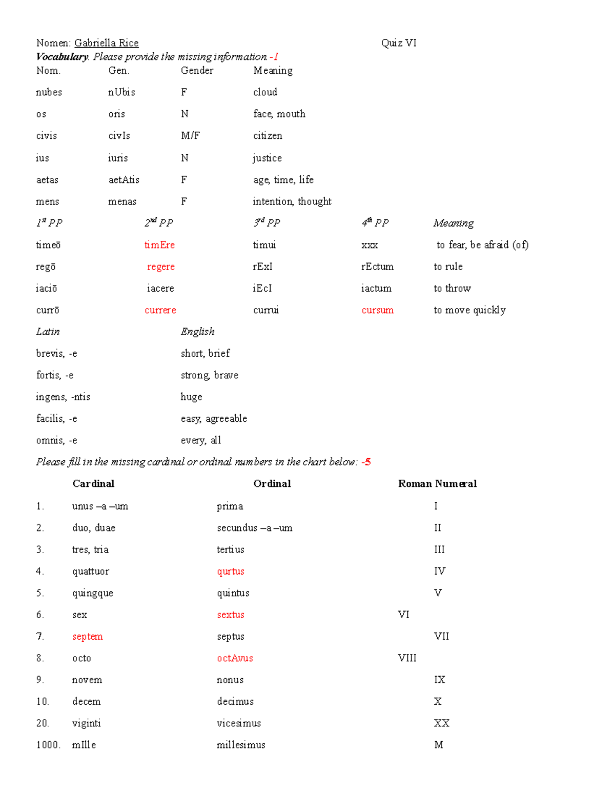 Latin Quiz 5 corrections - Nomen: Gabriella Rice Quiz VI Vocabulary ...