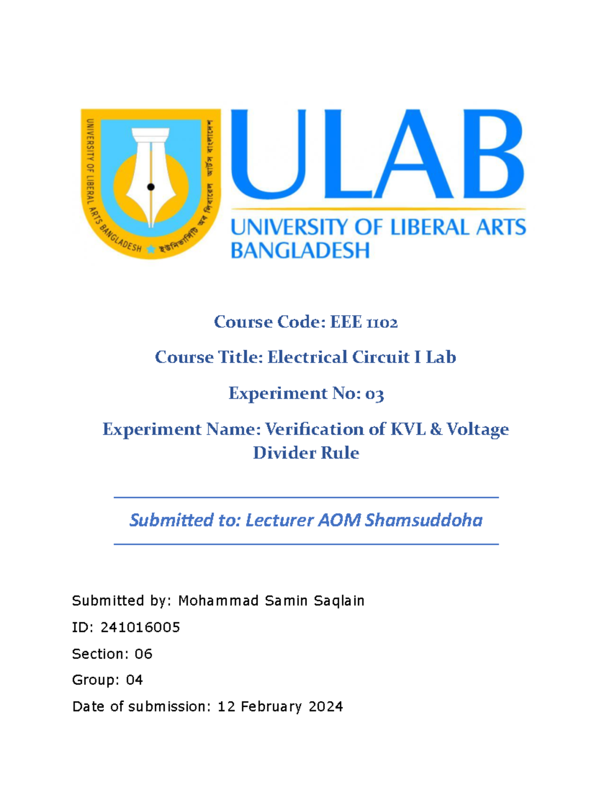 Mohammad Samin Saqlain Lap report 3 - Course Code: EEE 1102 Course Title: Electrical Circuit I ...