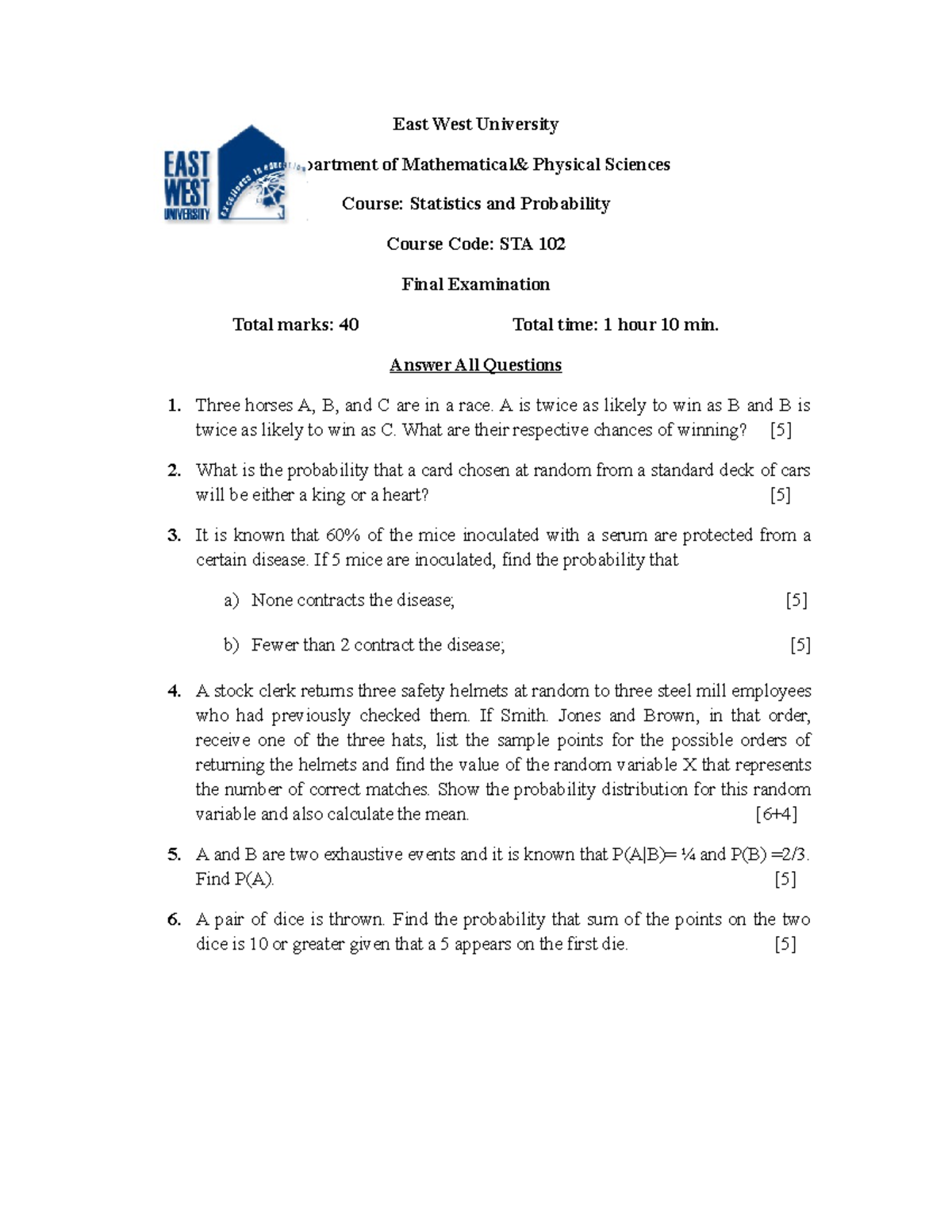 Final (1&3) - STA EWU - East West University Department of Mathematical ...