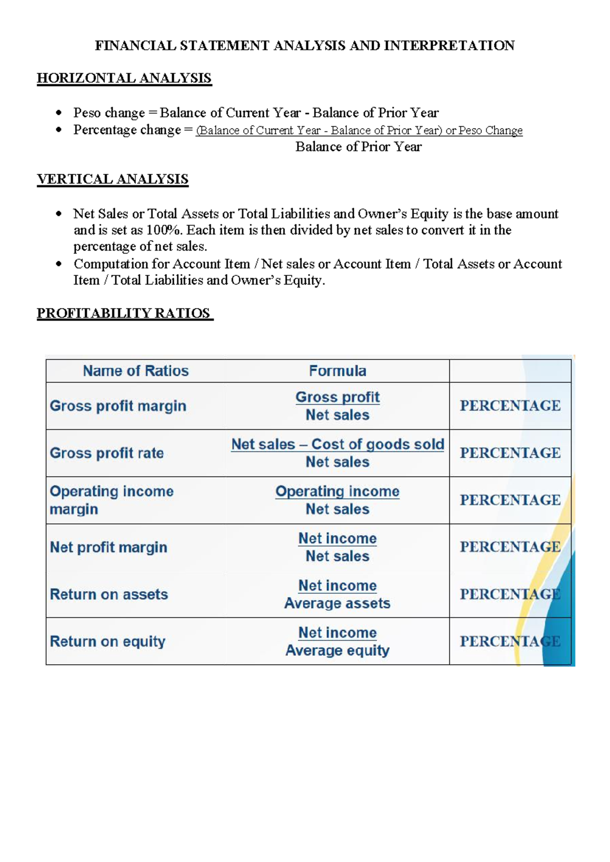Financial Statement Analysis AND Interpretation Formulas - FINANCIAL ...