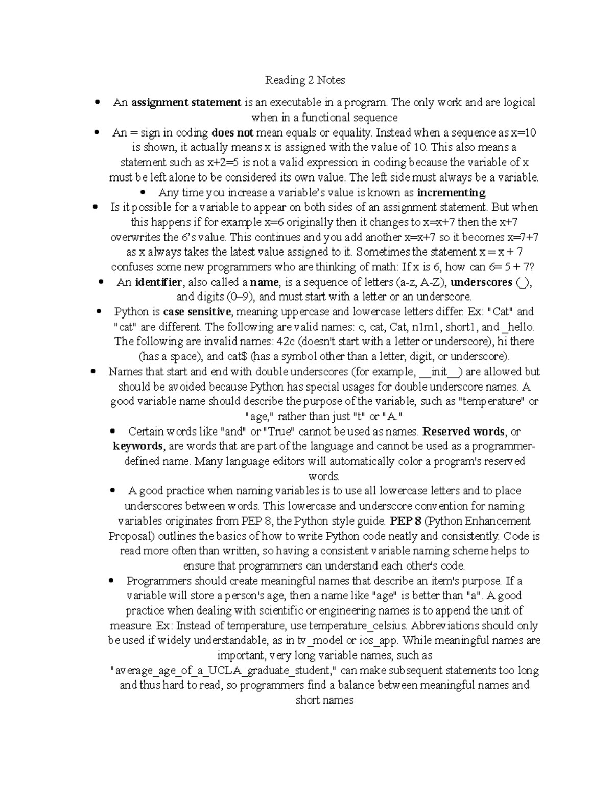 Reading 2 - Homework Notes - Reading 2 Notes An assignment statement is ...