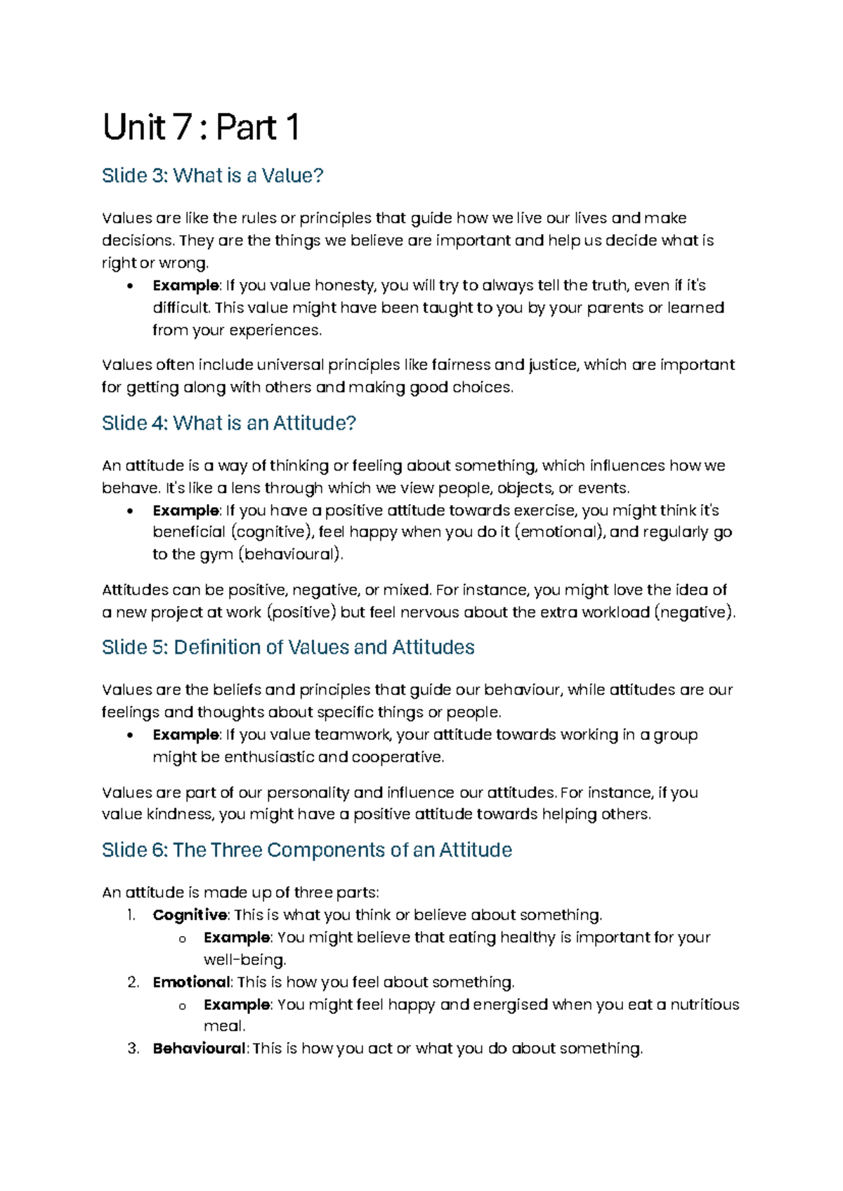 Notes Unit 7 part 1 - Unit 7 : Part 1 Slide 3: What is a Value? Values ...