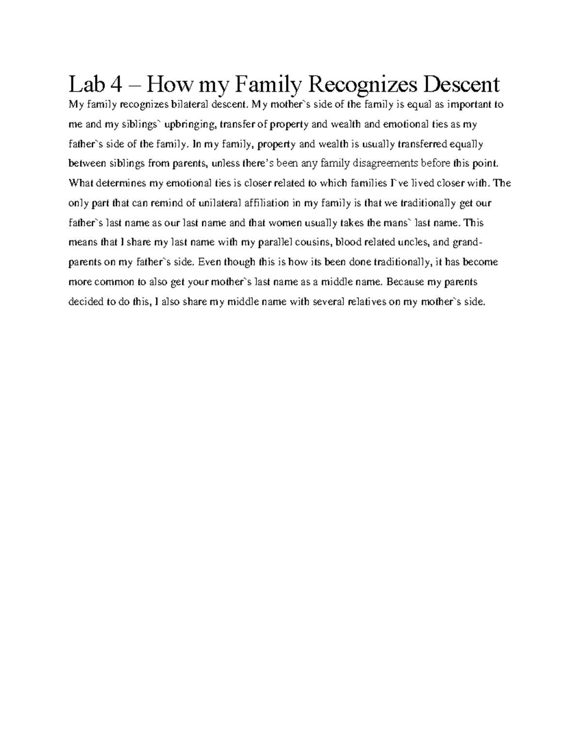 Lab 4 - Lab - Lab 4 – How my Family Recognizes Descent My family ...