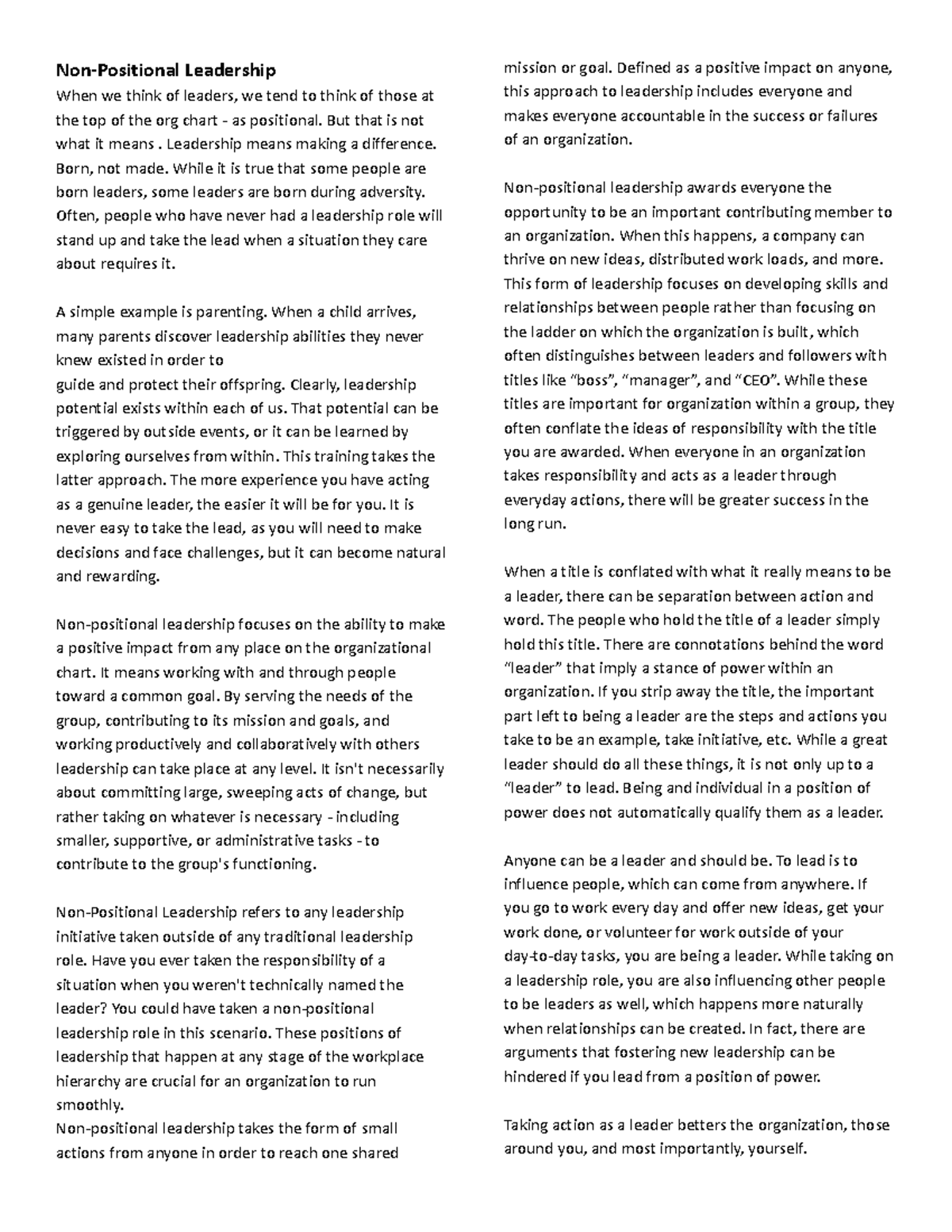 Chapter 2 - Non-Positional Leadership - Non-Positional Leadership When ...