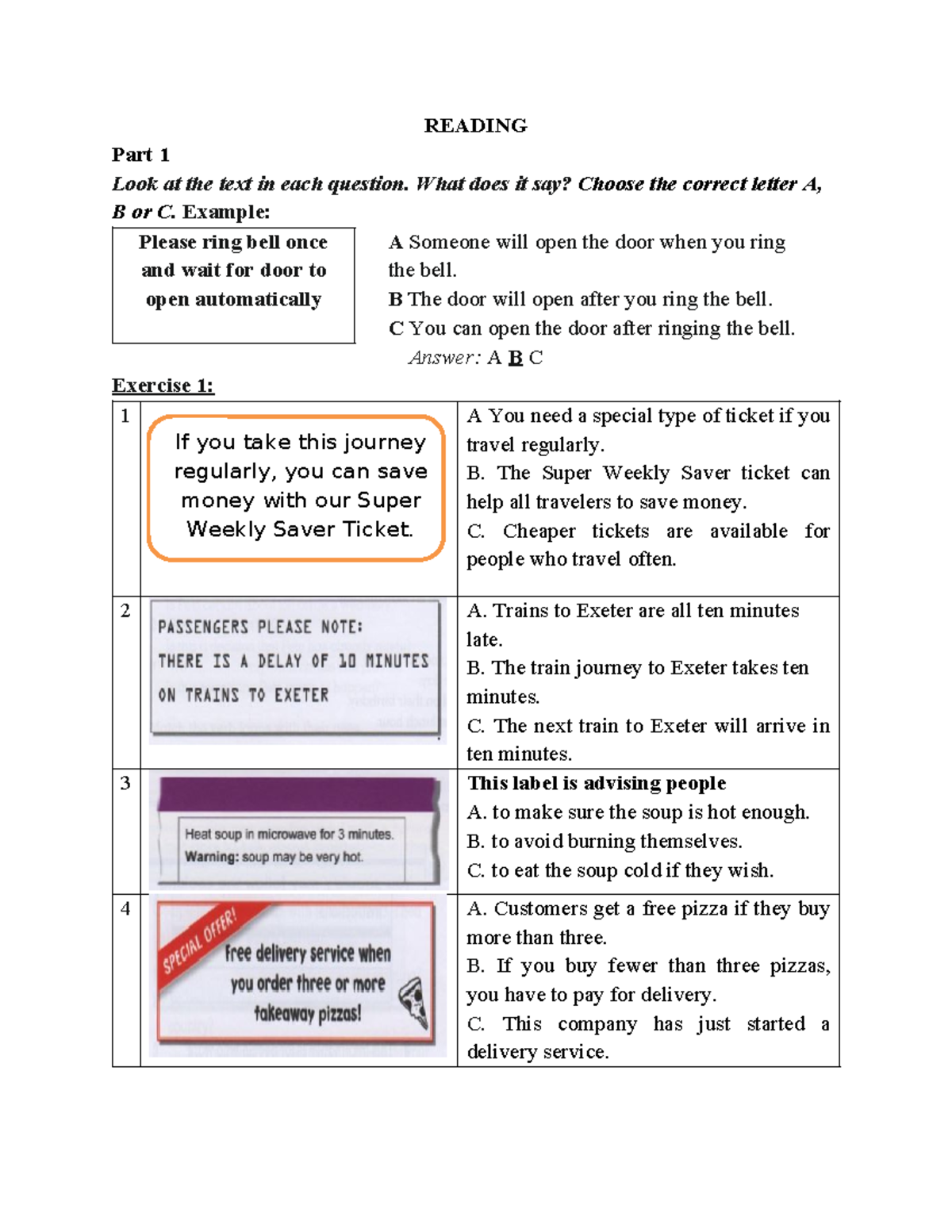 Reading Lesson 4 - nothing - READING Part 1 Look at the text in each ...