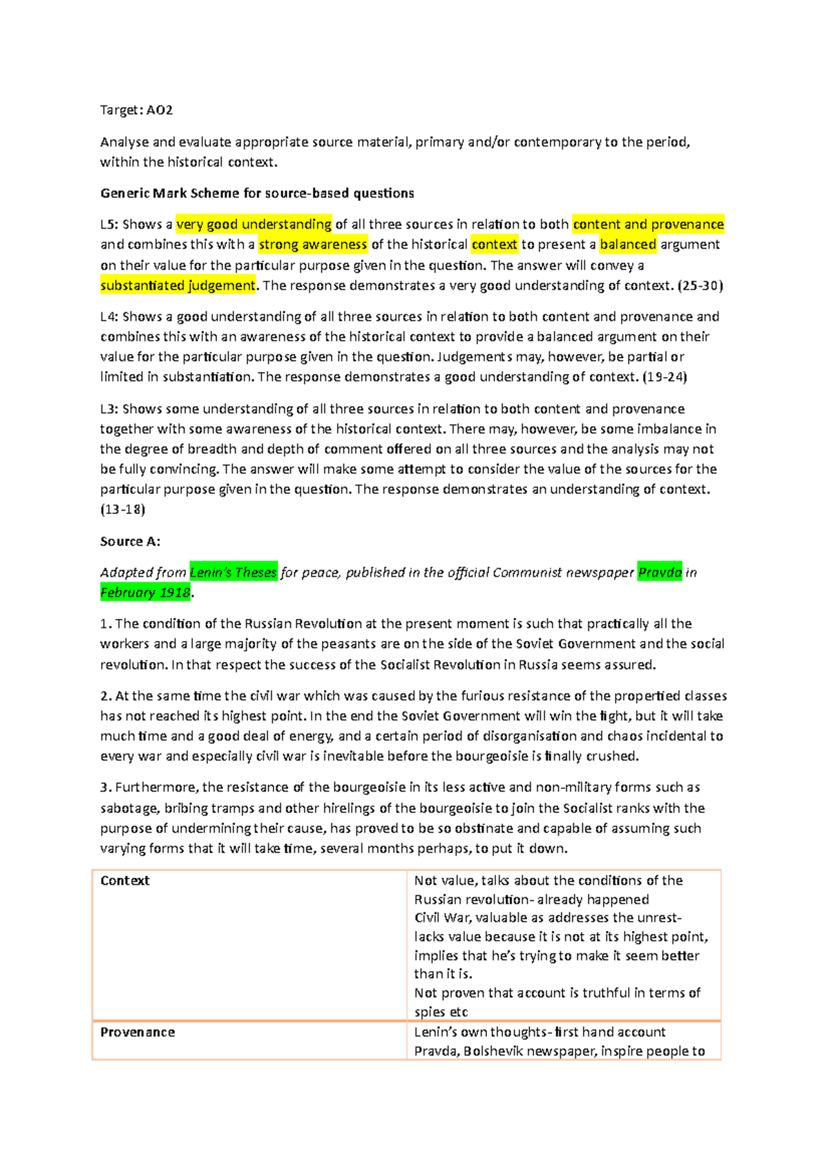 Lesson 5 - history - Target: AO Analyse and evaluate appropriate source ...