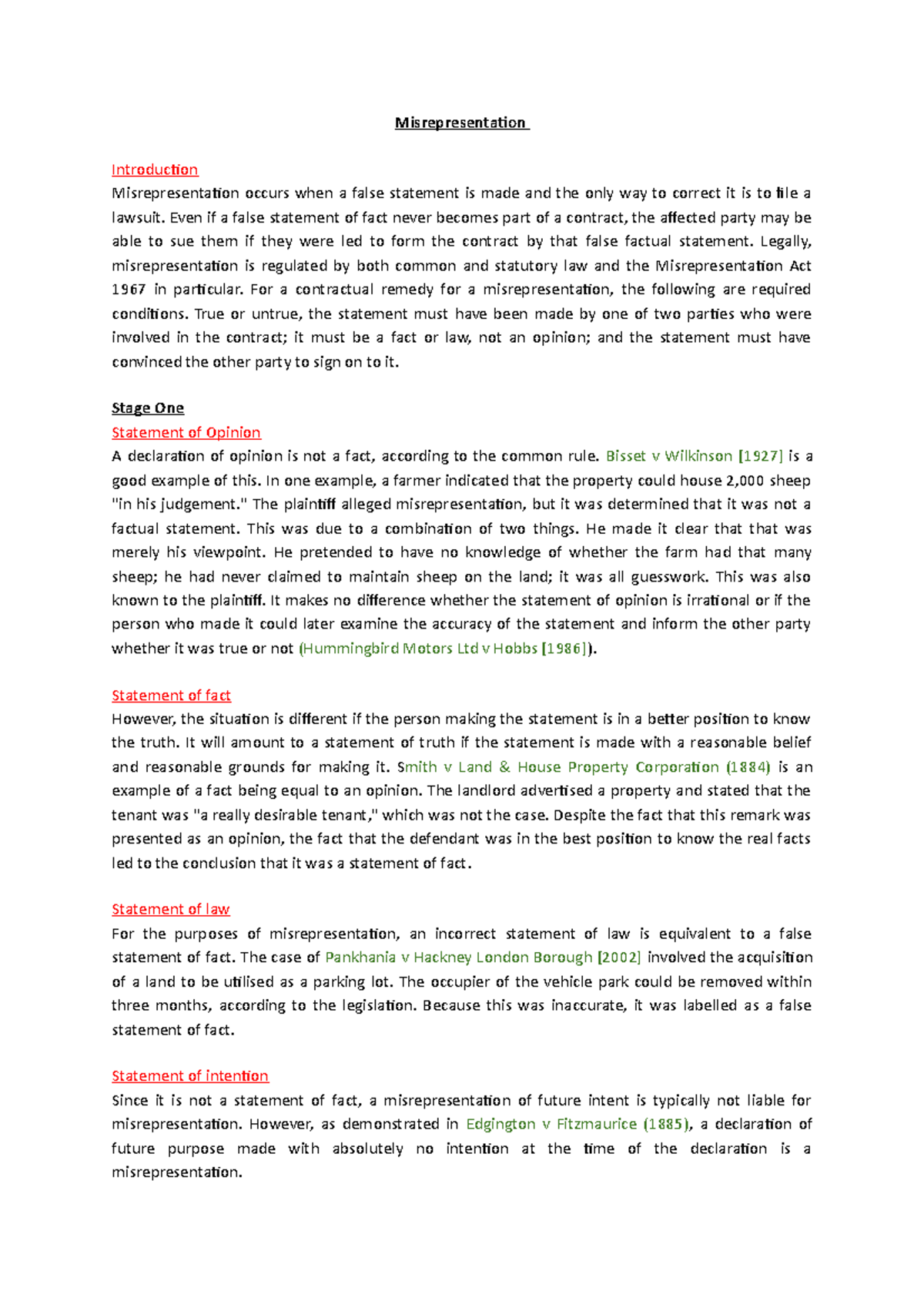 Misrepresentation revision - Misrepresentation Introduction Misrepresentation occurs when a ...