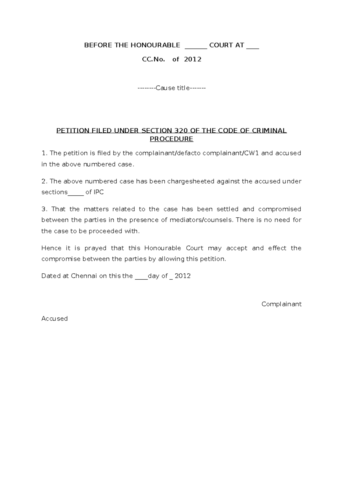 Compromise petition us320 of Cr - BEFORE THE HONOURABLE _______ COURT ...