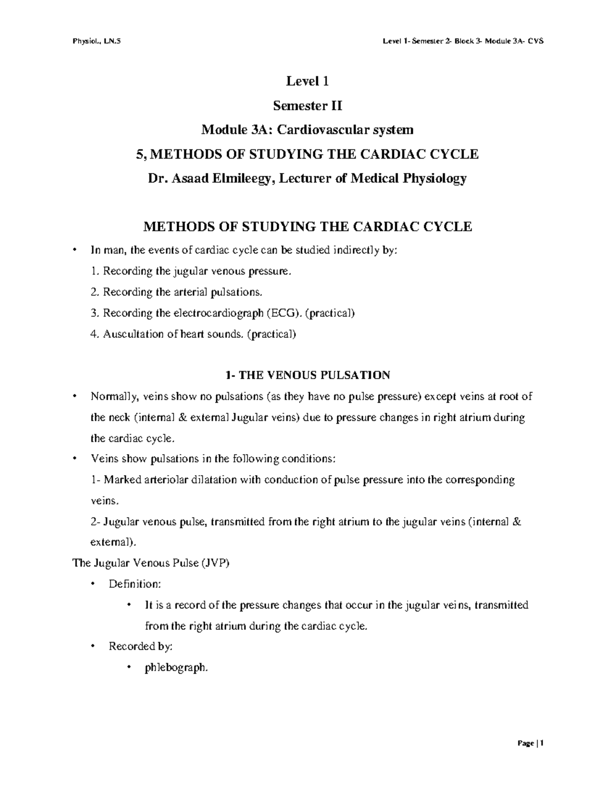 CVS, Physiol., LN.5 - a lecture note - Level 1 Semester II Module 3A ...