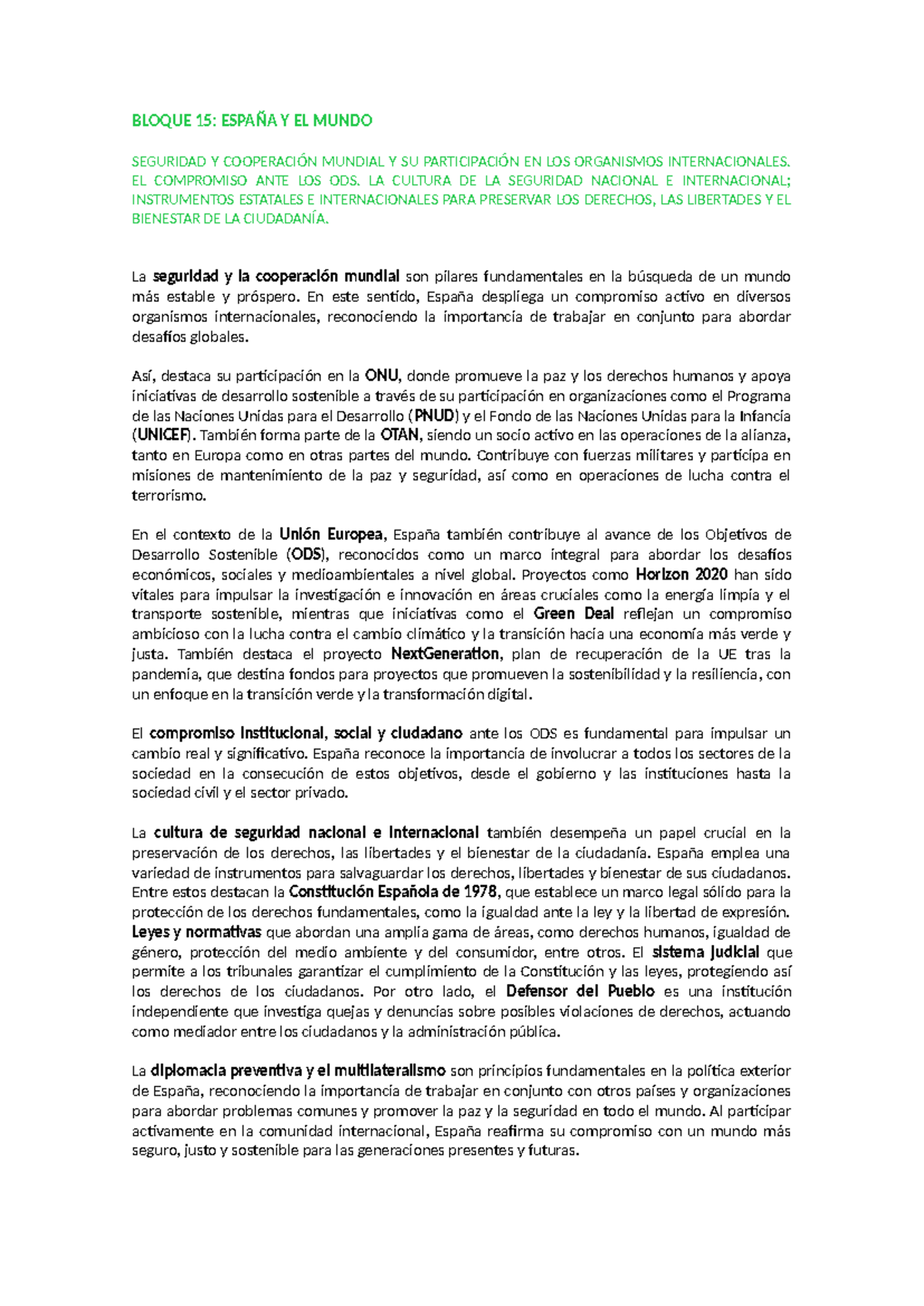 Bloque 15 - BLOQUE 15: ESPAÑA Y EL MUNDO SEGURIDAD Y COOPERACIÓN MUNDIAL Y SU PARTICIPACIÓN EN ...