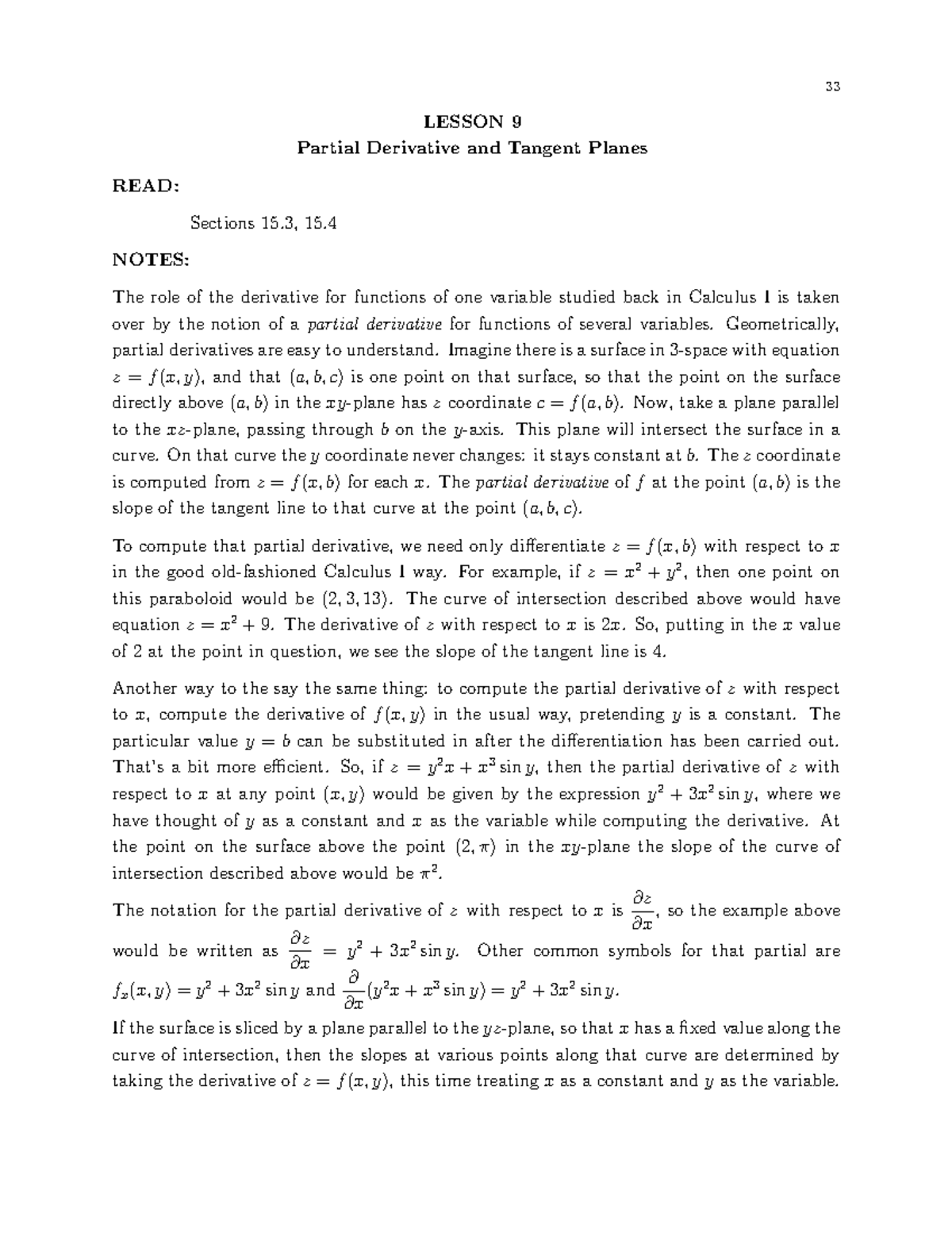 L9 Notes - Lecture 9 - LESSON 9 Partial Derivative and Tangent Planes ...