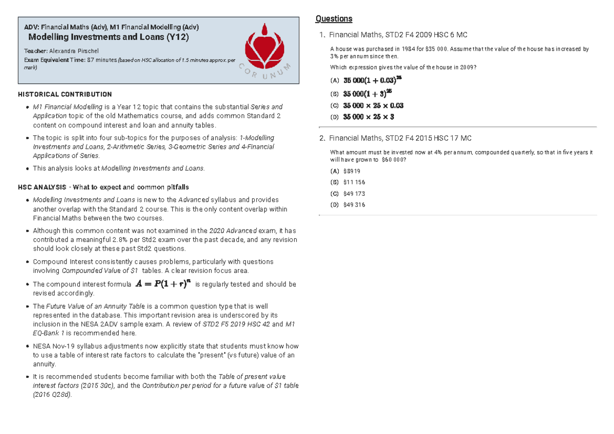 M1 investments and loans - ADV: Financial Maths (Adv), M1 Financial ...