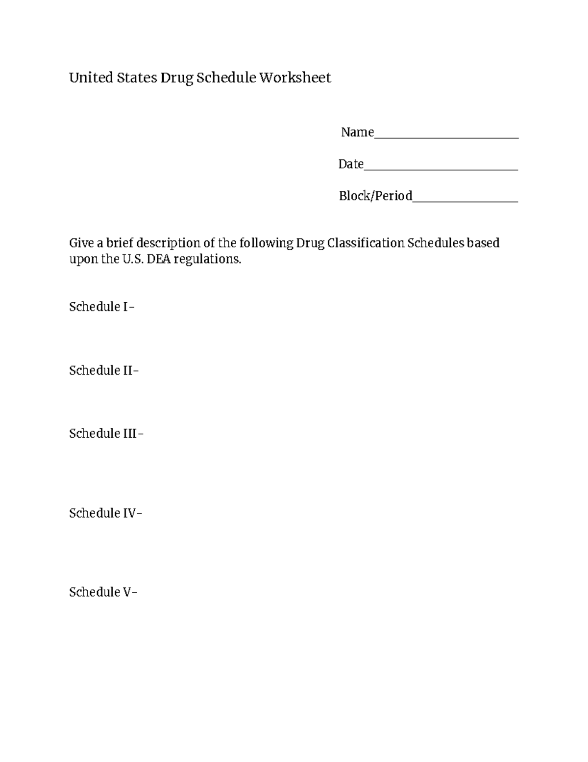 Drug Schedule Worksheet - United States Drug Schedule Worksheet Name ...