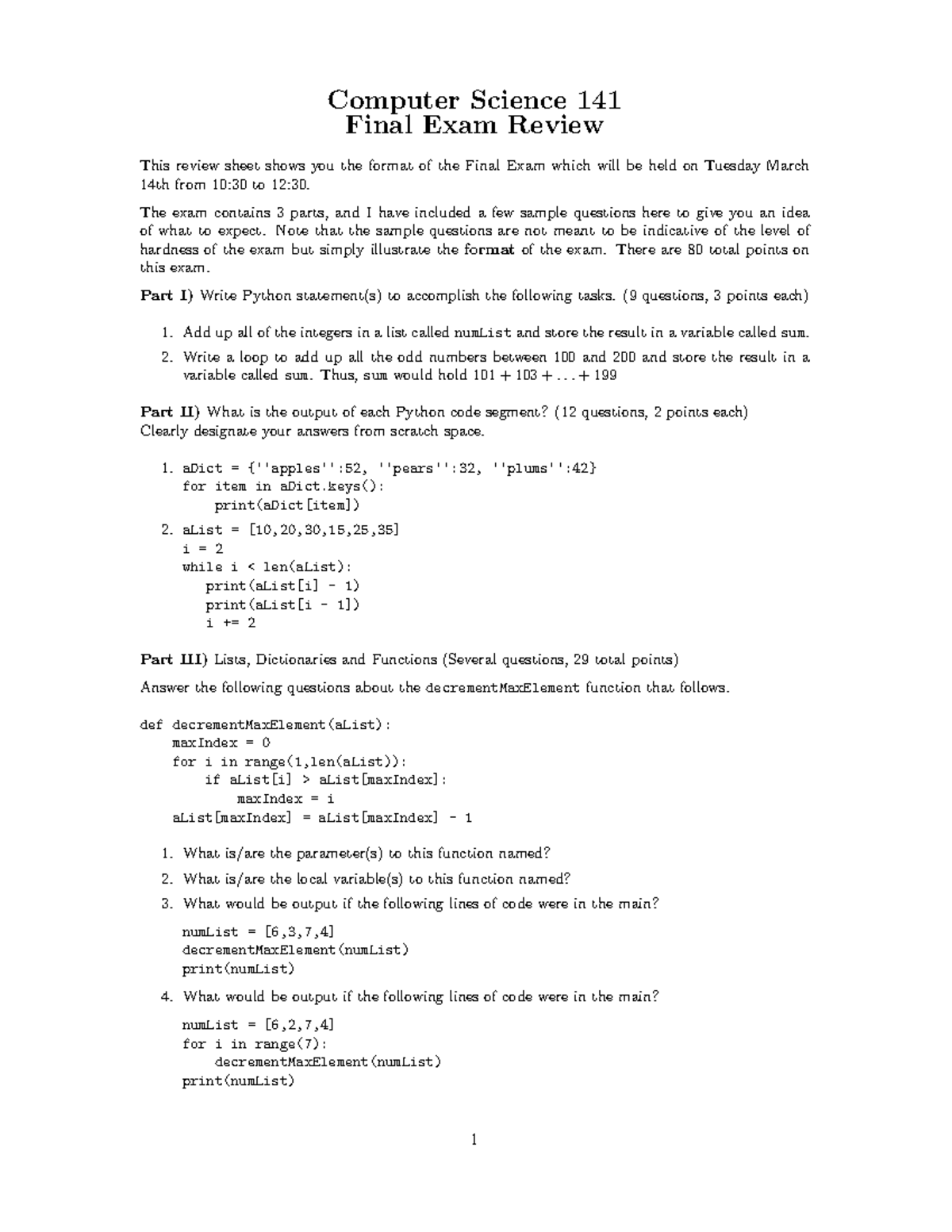 Exam 2 Study Guide - Computer Science 141 Final Exam Review This review ...