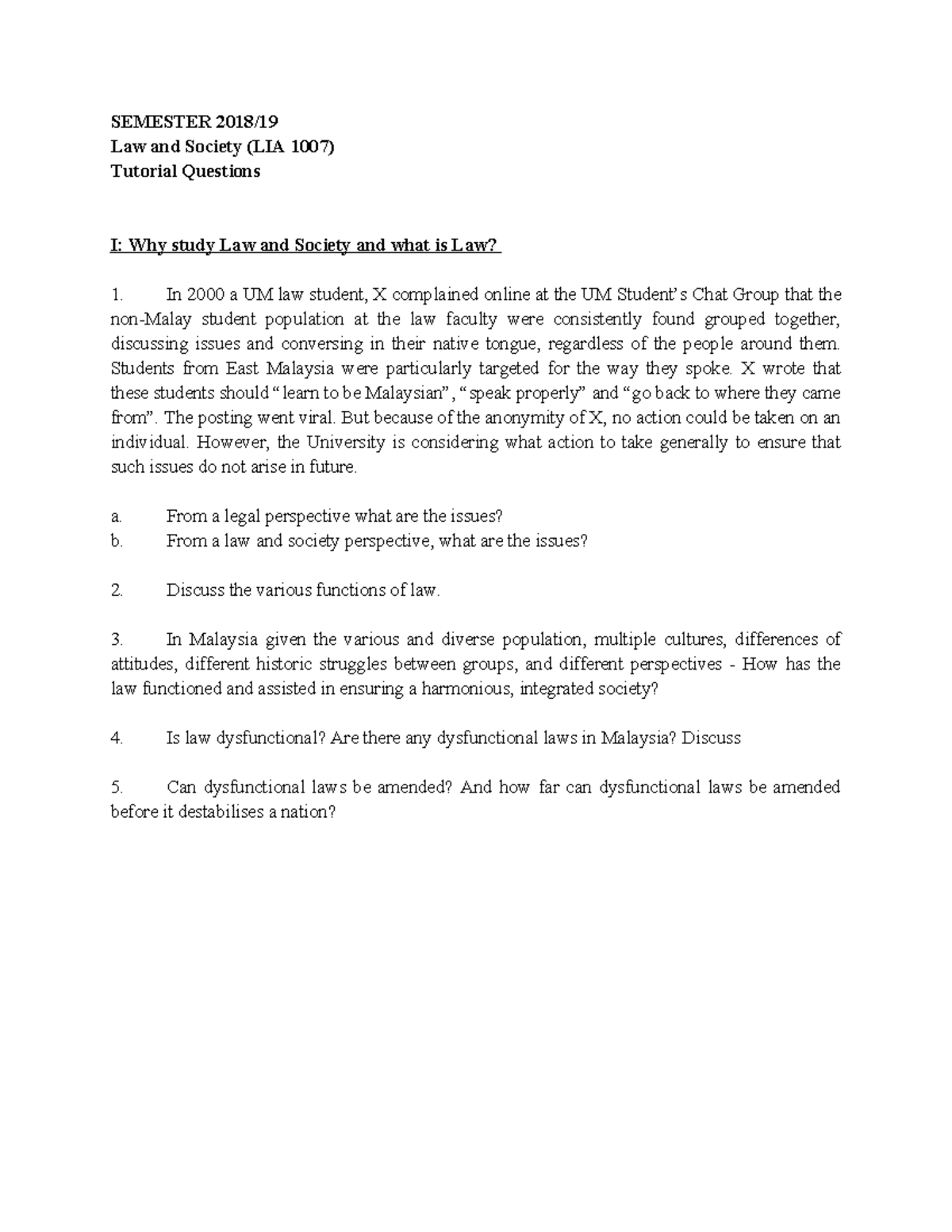 Question 1. Why study law soc and what is law - SEMESTER 2018/ Law and ...