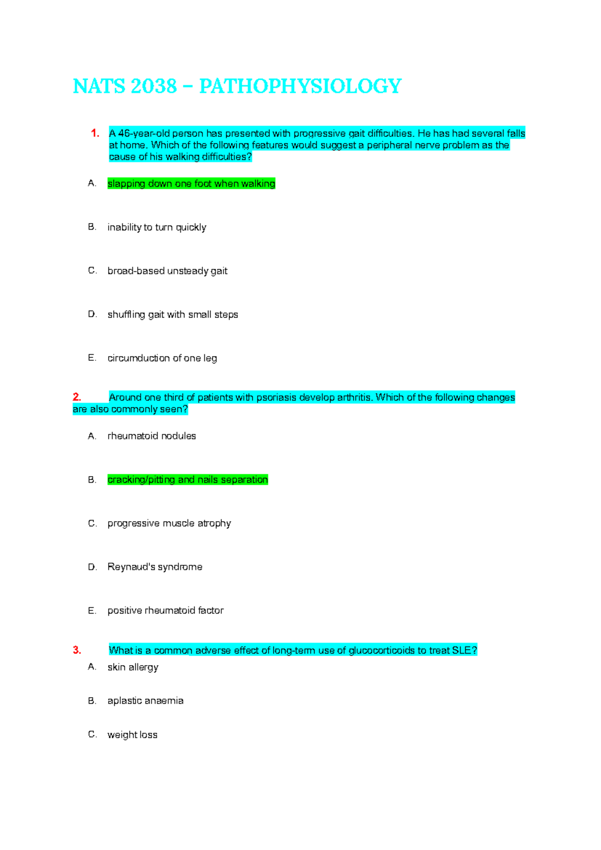 NATS2038 - Quiz 2 - NATS 2038 – PATHOPHYSIOLOGY 1. A 46-year-old person has presented with - Studocu