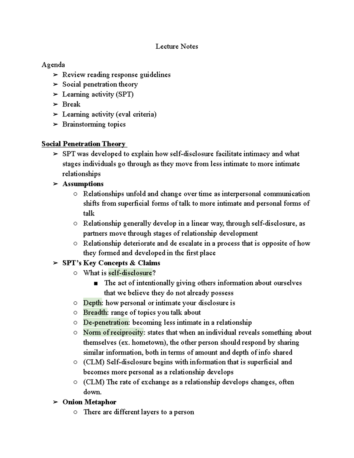 1 - lecture notes from class - Lecture Notes Agenda Review reading ...