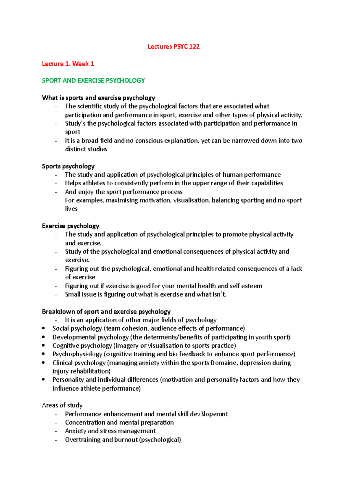 Lecture work PSYC122 - Lectures PSYC 122 Lecture 1. Week 1 SPORT AND ...