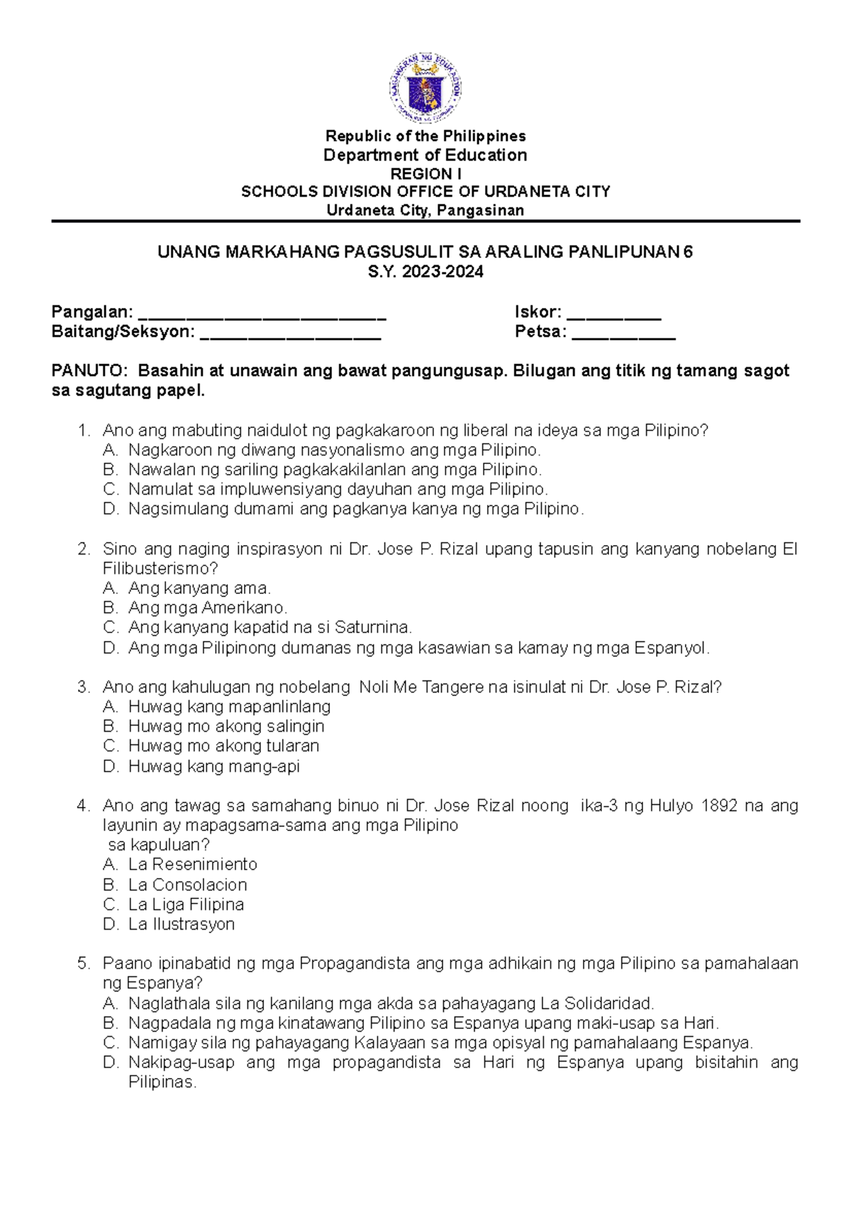 AP 6,q1 test - reference for teachers - Republic of the Philippines ...