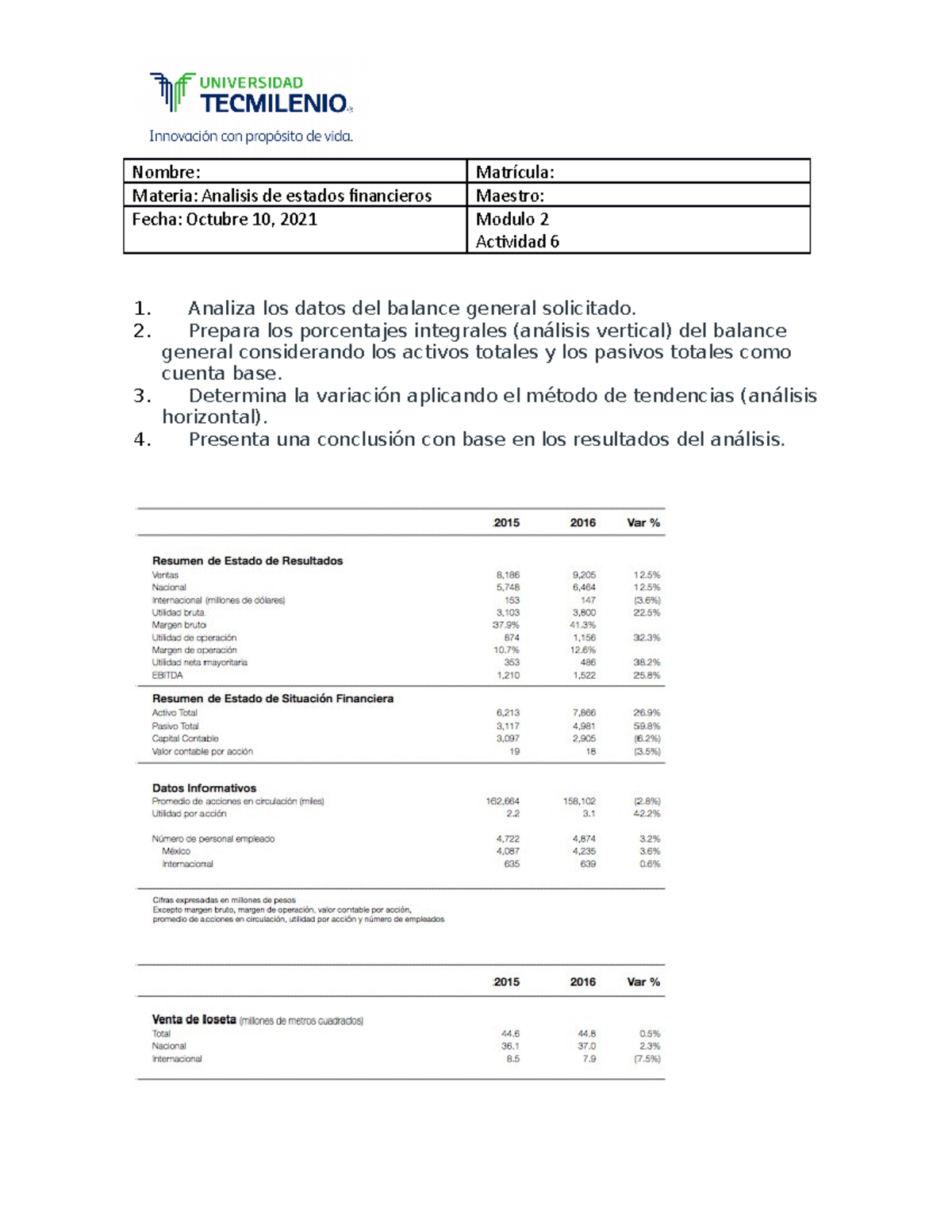 Actividad 6 modulo 2 Universidad Tecmilenio - Nombre: Matrícula ...