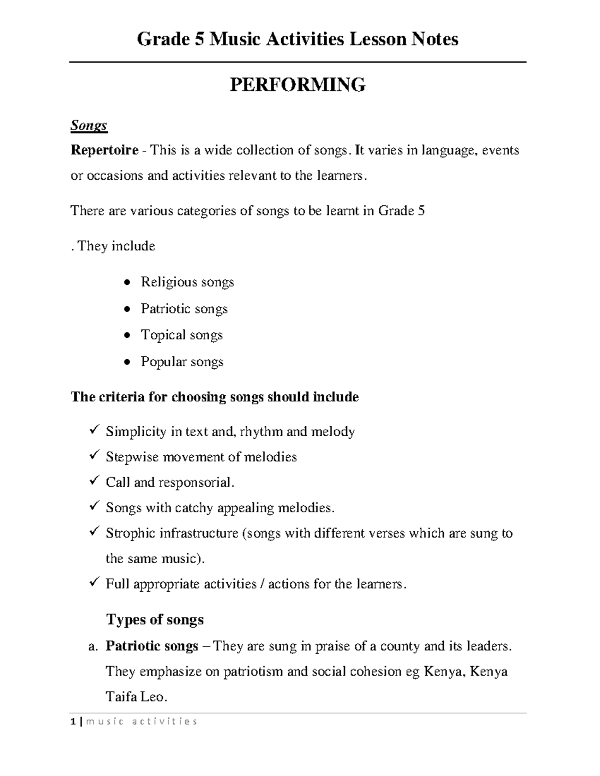 File-32937 - Notes - Grade 5 Music Activities Lesson Notes PERFORMING ...