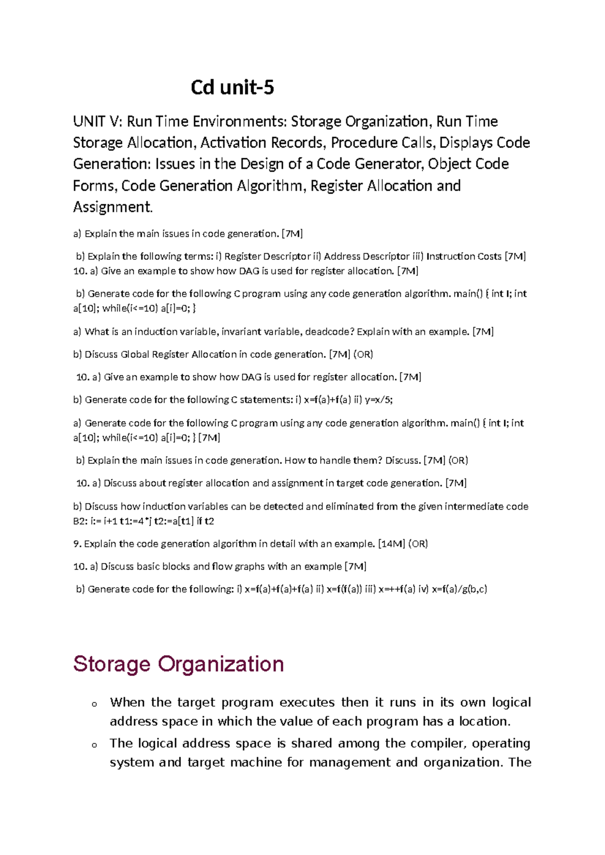 Cd unit-5 fiinal - notes - Cd unit- UNIT V: Run Time Environments ...