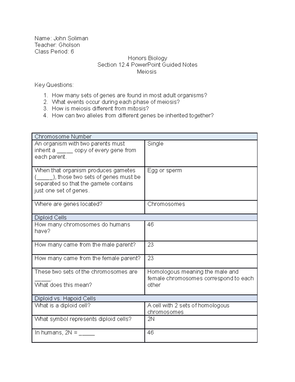 12.4 Biology Meiosis Guided Notes - Name: John Soliman Teacher: Gholson ...