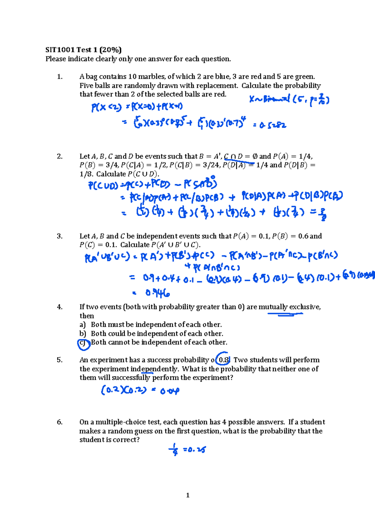 Statistics & Probability test 1 - 1 SIT1001 Test 1 (20%) Please ...
