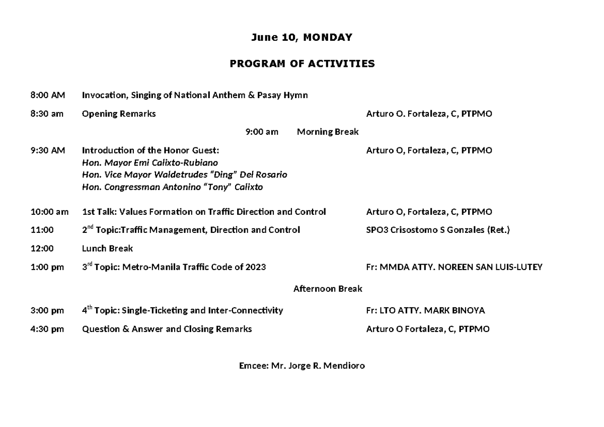 Program - June 10, MONDAY PROGRAM OF ACTIVITIES 8:00 AM Invocation ...