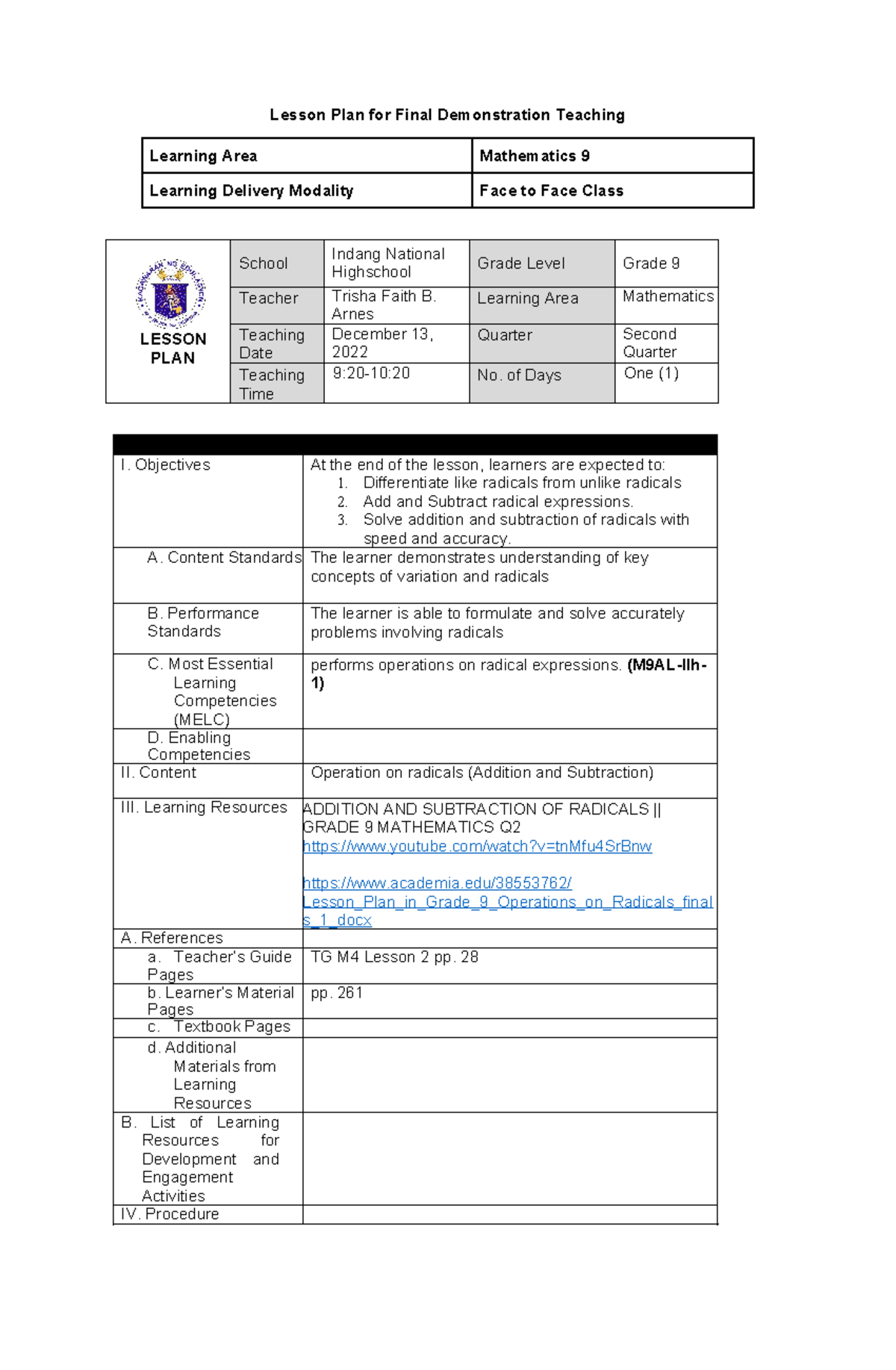 Detailed Lesson Plan (Operations of Radicals) Draft - Lesson Plan for ...