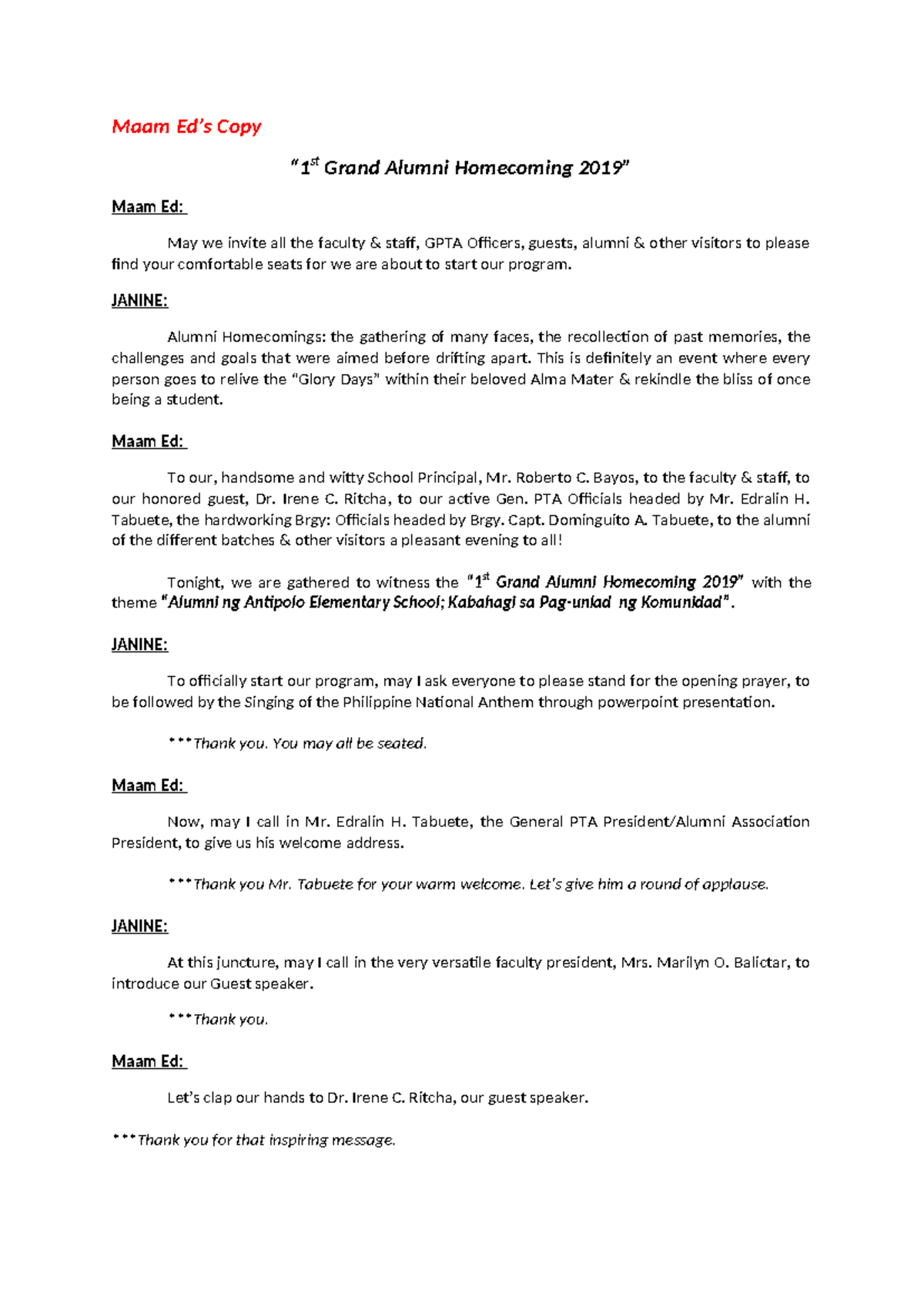 Alumni script - Maam Ed’s Copy “ st Grand Alumni Homecoming 2019” Maam ...