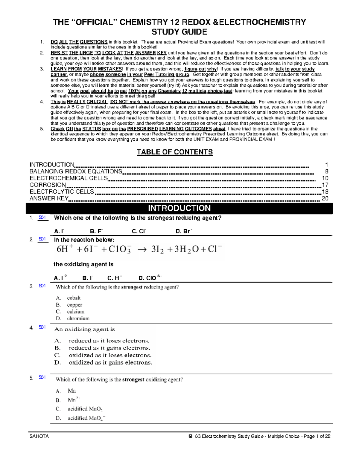 Multiple Choice - THE “OFFICIAL” CHEMISTRY 12 REDOX &ELECTROCHEMISTRY ...