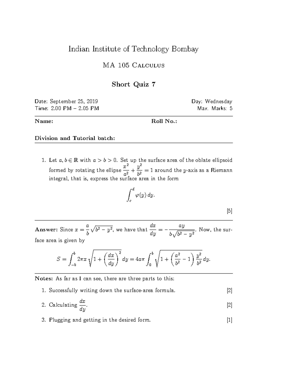MA105 Short Quiz 7 Paper & Solution - Indian Institute of Technology ...