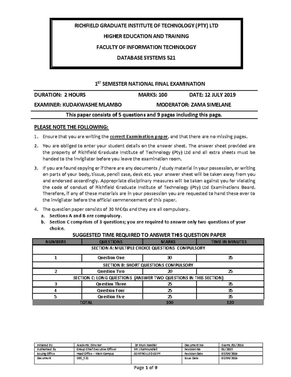 DBS 521 EXAM Paper[ 12660 ] Updated - Initiated By Academic Director Dr ...