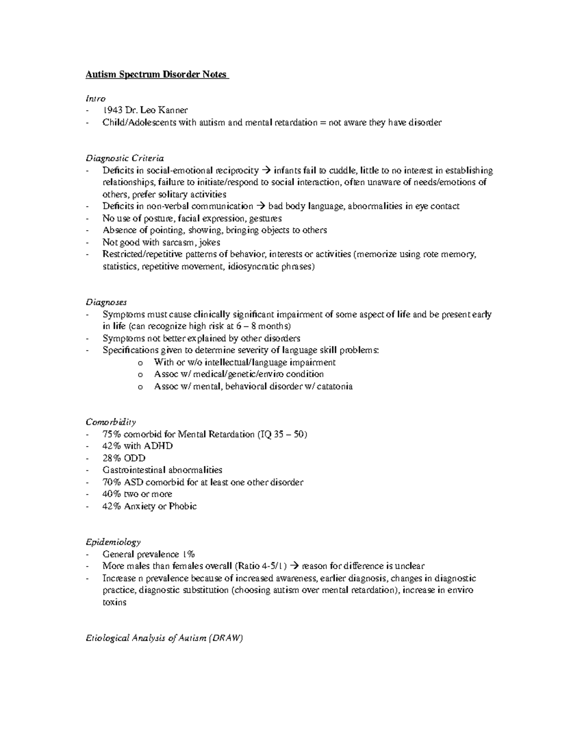 Summary - midterm 1 notes - Autism Spectrum Disorder Notes Intro 1943 ...