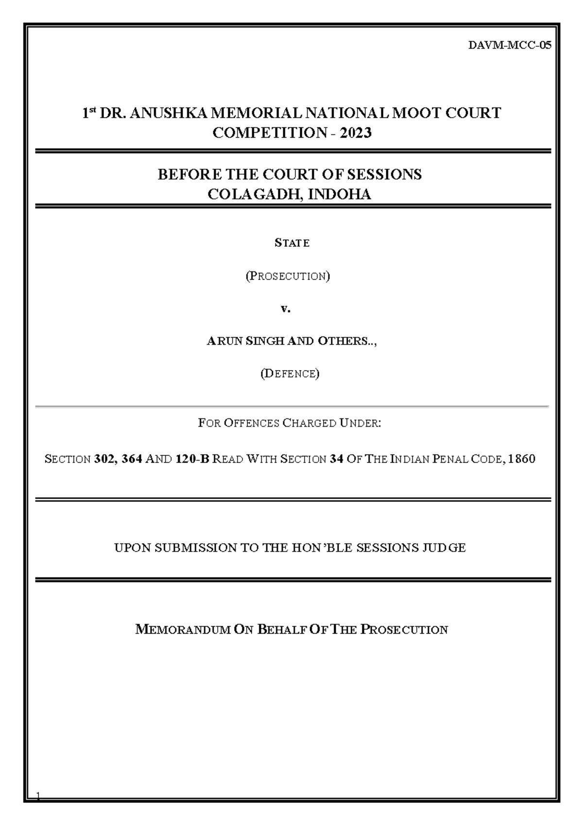 DAVM-MCC-05 Memorial FOR Prosecution - DAVM-MCC- 1 st DR. ANUSHKA ...