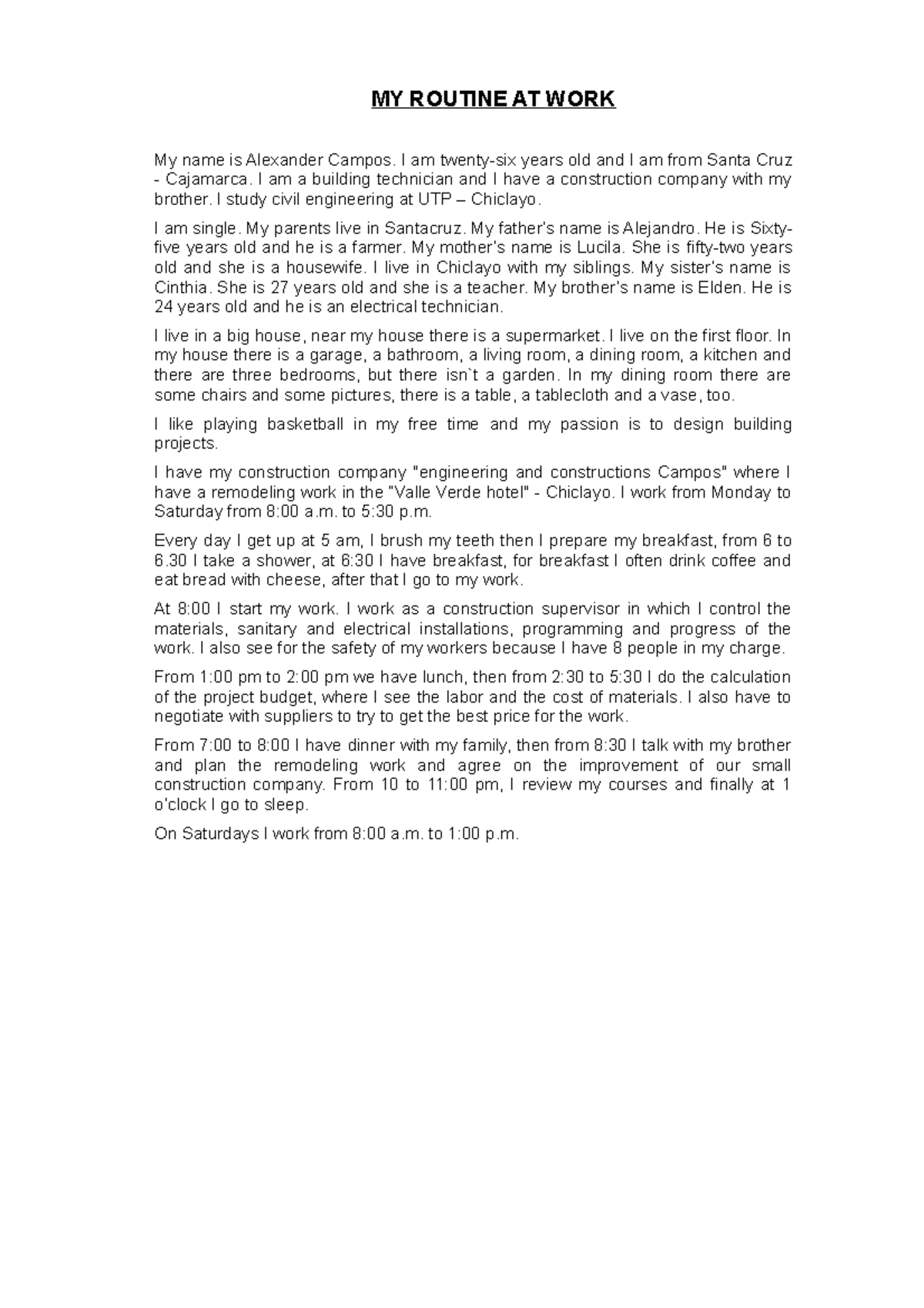 MI Rotina Durante EL Trabajo Ingles final - MY ROUTINE AT WORK My name ...