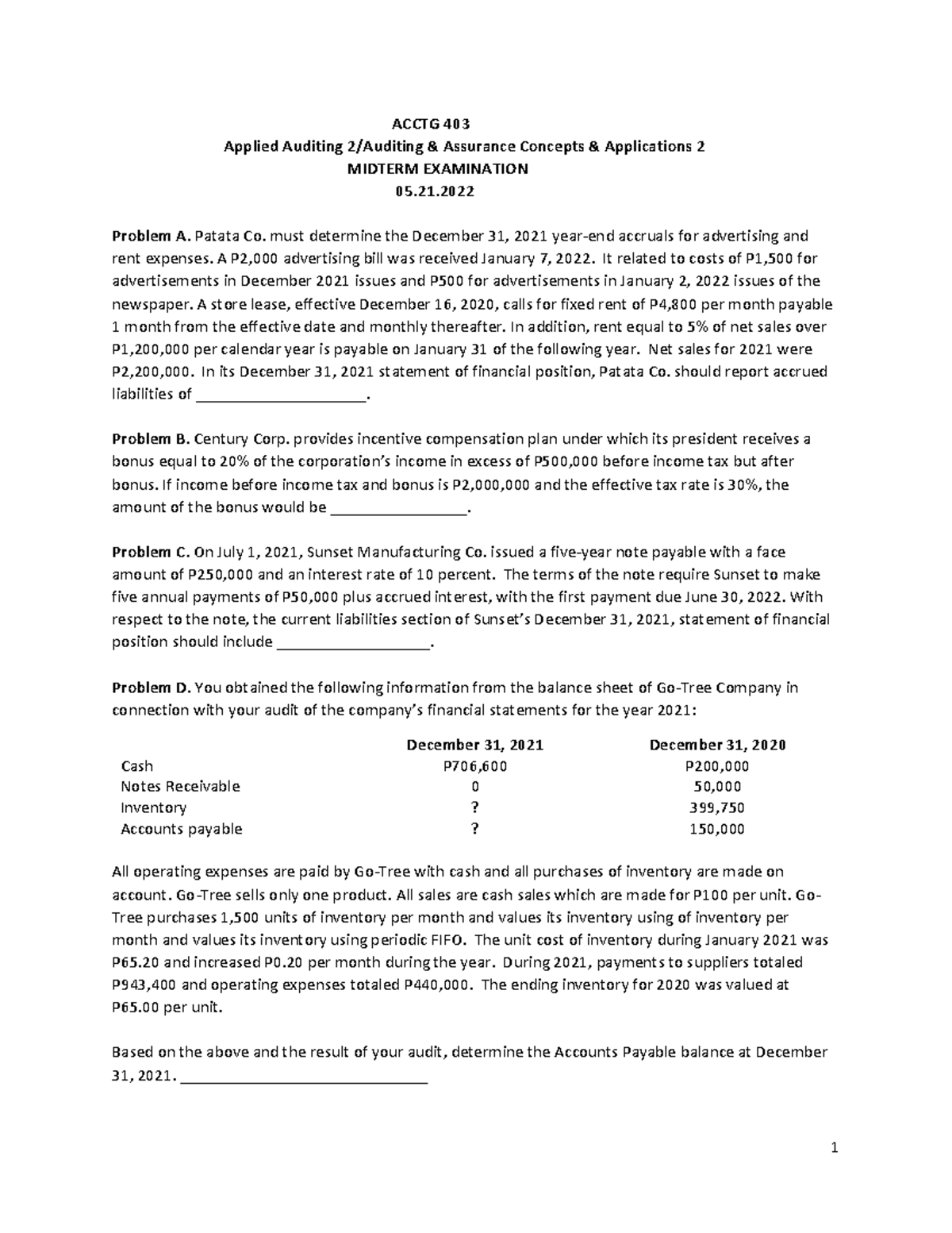 Acctg 403 Midterm EXAM 05 - 1 ACCTG 403 Applied Auditing 2/Auditing & Assurance Concepts & - Studocu