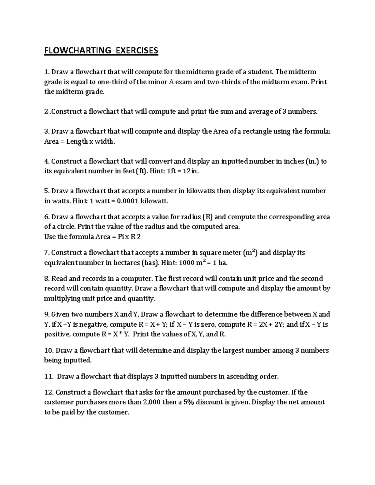 Pdfcoffee Random Message Flowcharting Exercises Draw A Flowchart That Will Compute For The