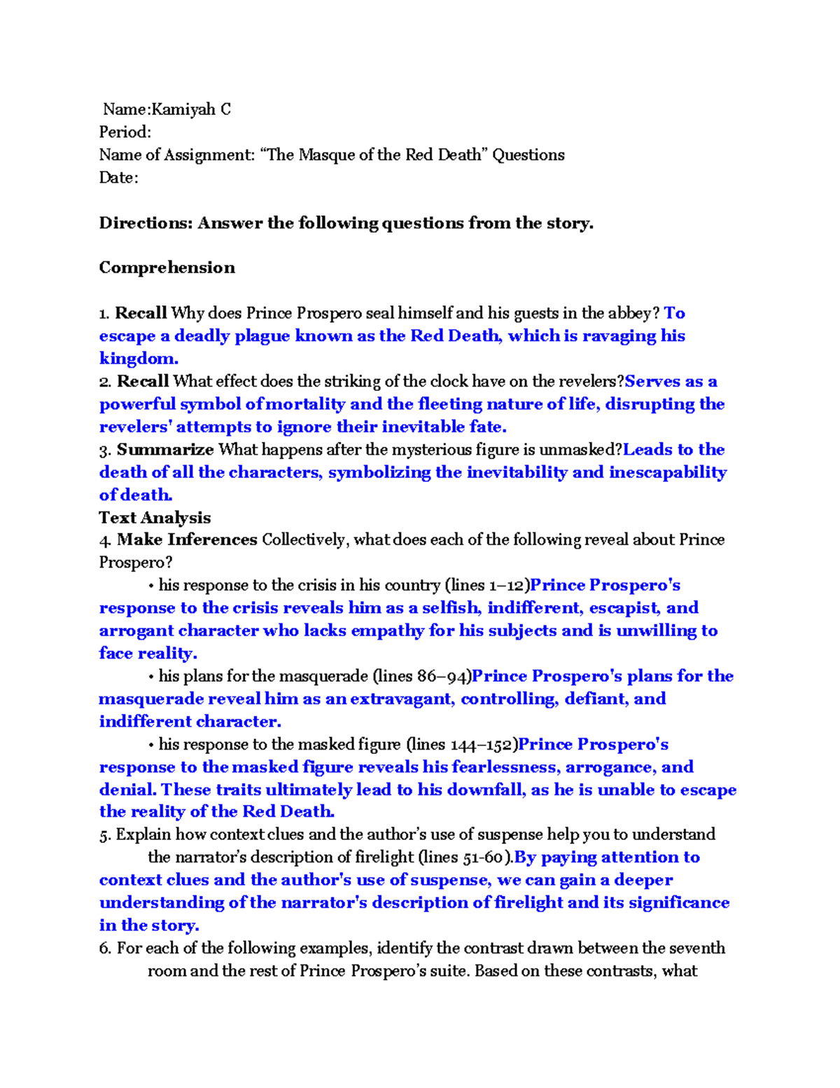Copy of The Masque of the Red Death Questions - Name:Kamiyah C Period ...