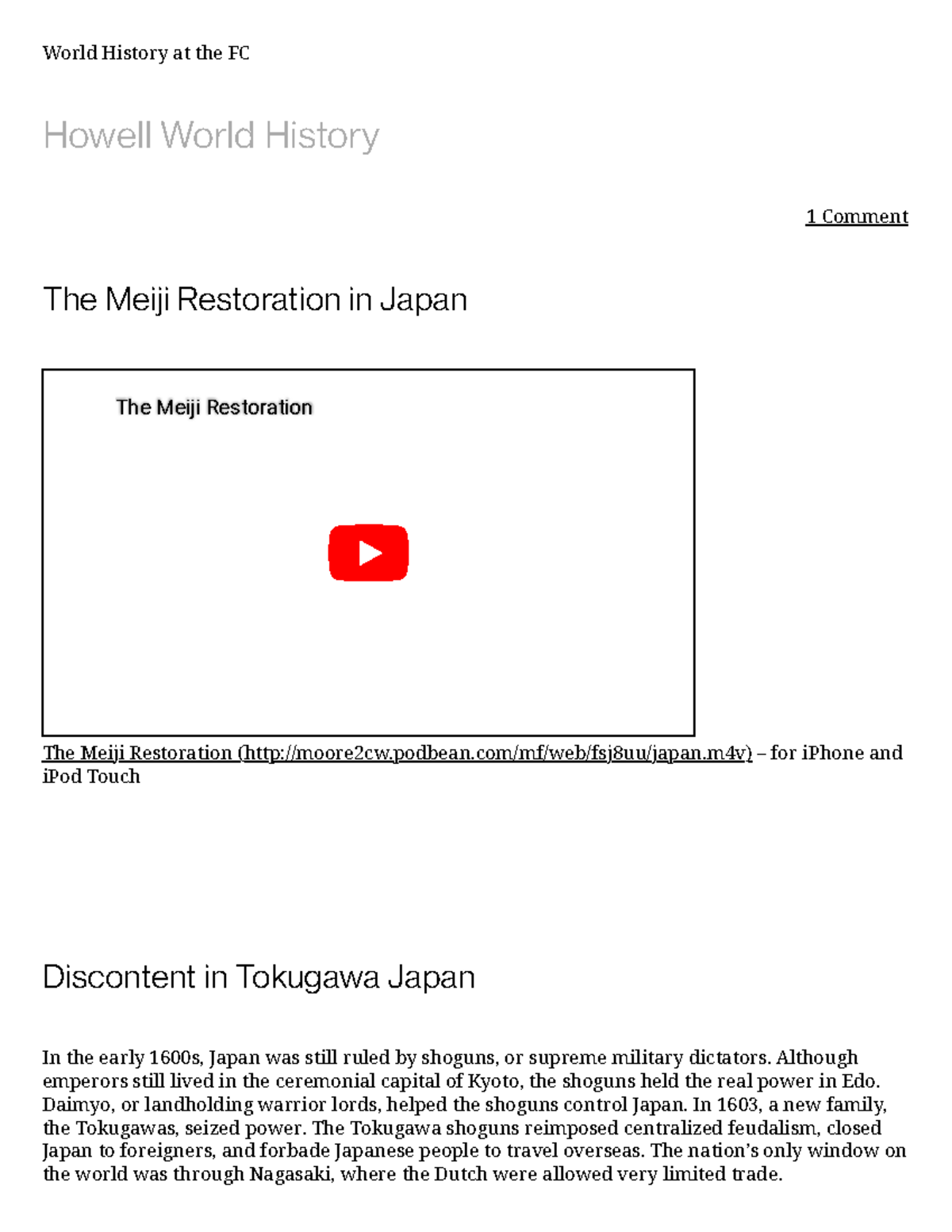 The Meiji Restoration in Japan Howell World History - World History at the FC Howell World ...