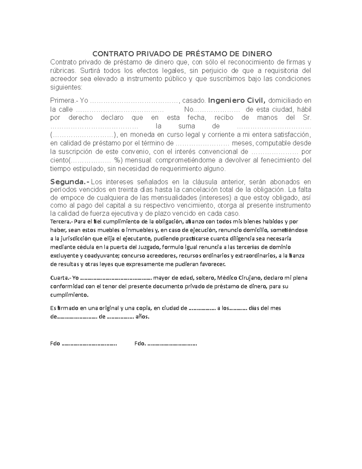 Contrato préstamo de dinero - CONTRATO PRIVADO DE PRÉSTAMO DE DINERO Contrato privado de ...