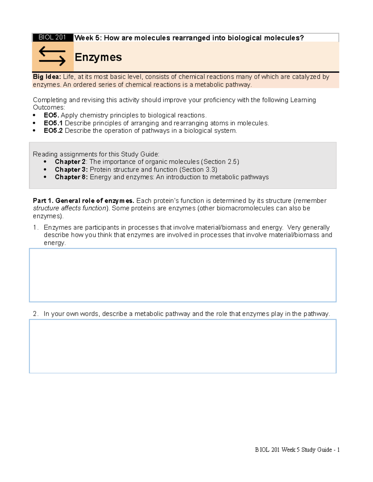 BIOL201 SG W05 Enzymes - bio - BIOL 201 Week 5: How are molecules rearranged into biological ...